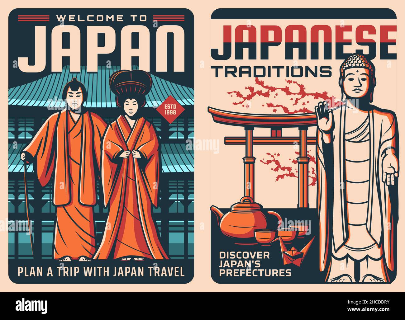 Japan culture and religion retro vector posters, Japanese traditions ...