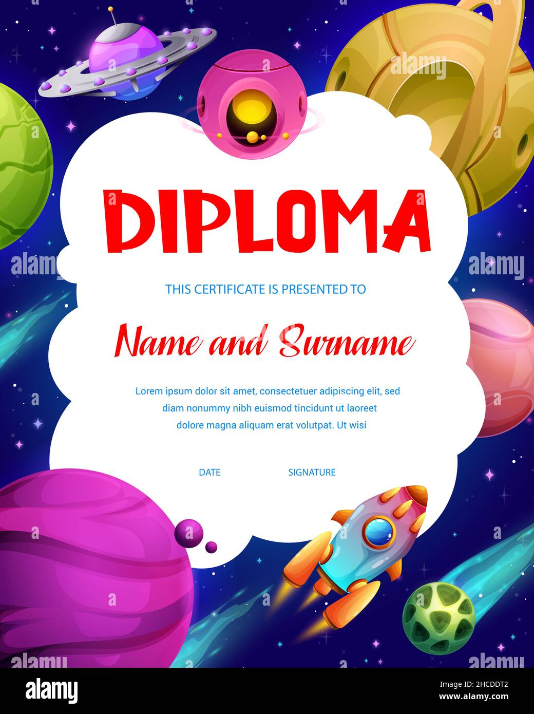 Fantasy cyberpunk space planets and spaceship, kids diploma or school ...