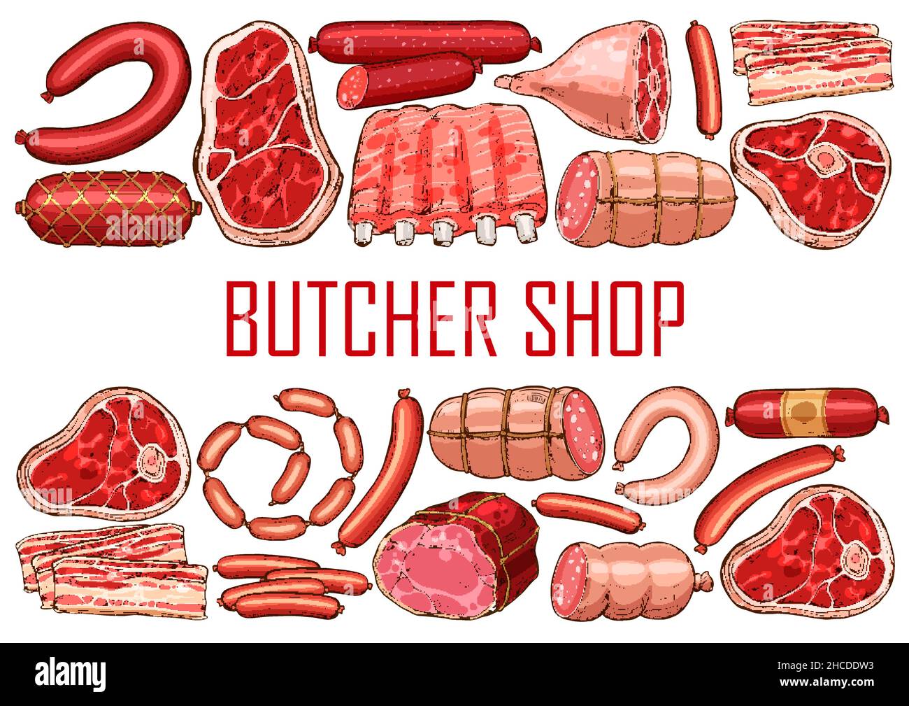 Pork, beef and lamb meat sketch poster. Butcher shop, meat farm market ...
