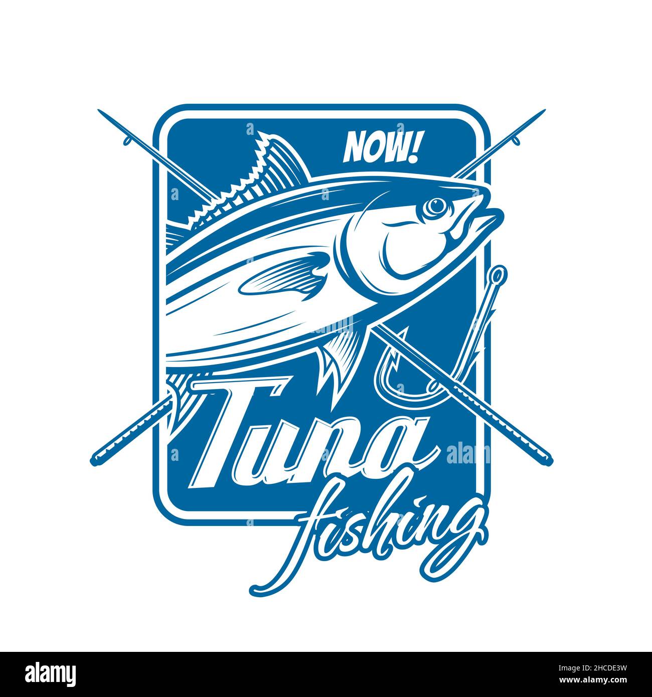 Tuna fishing vector icon with crossed rods, fish and hook. Isolated blue symbol of fisherman ...