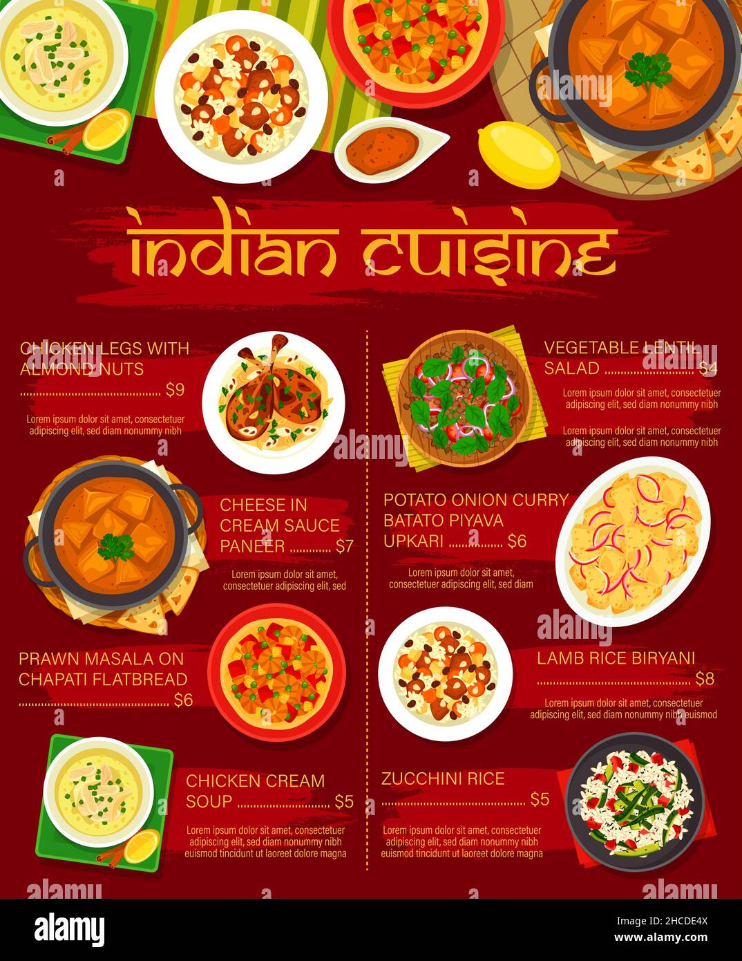 Indian cuisine vector menu zucchini rice, vegetable lentil salad, prawn ...