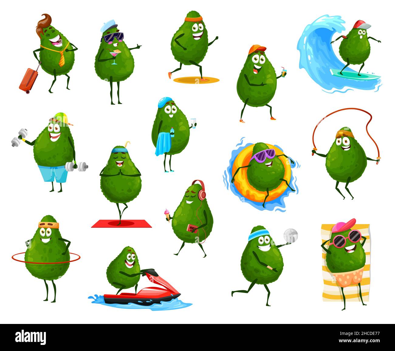 Avocado cartoon characters, sports, recreation, travel activity. Vector ...
