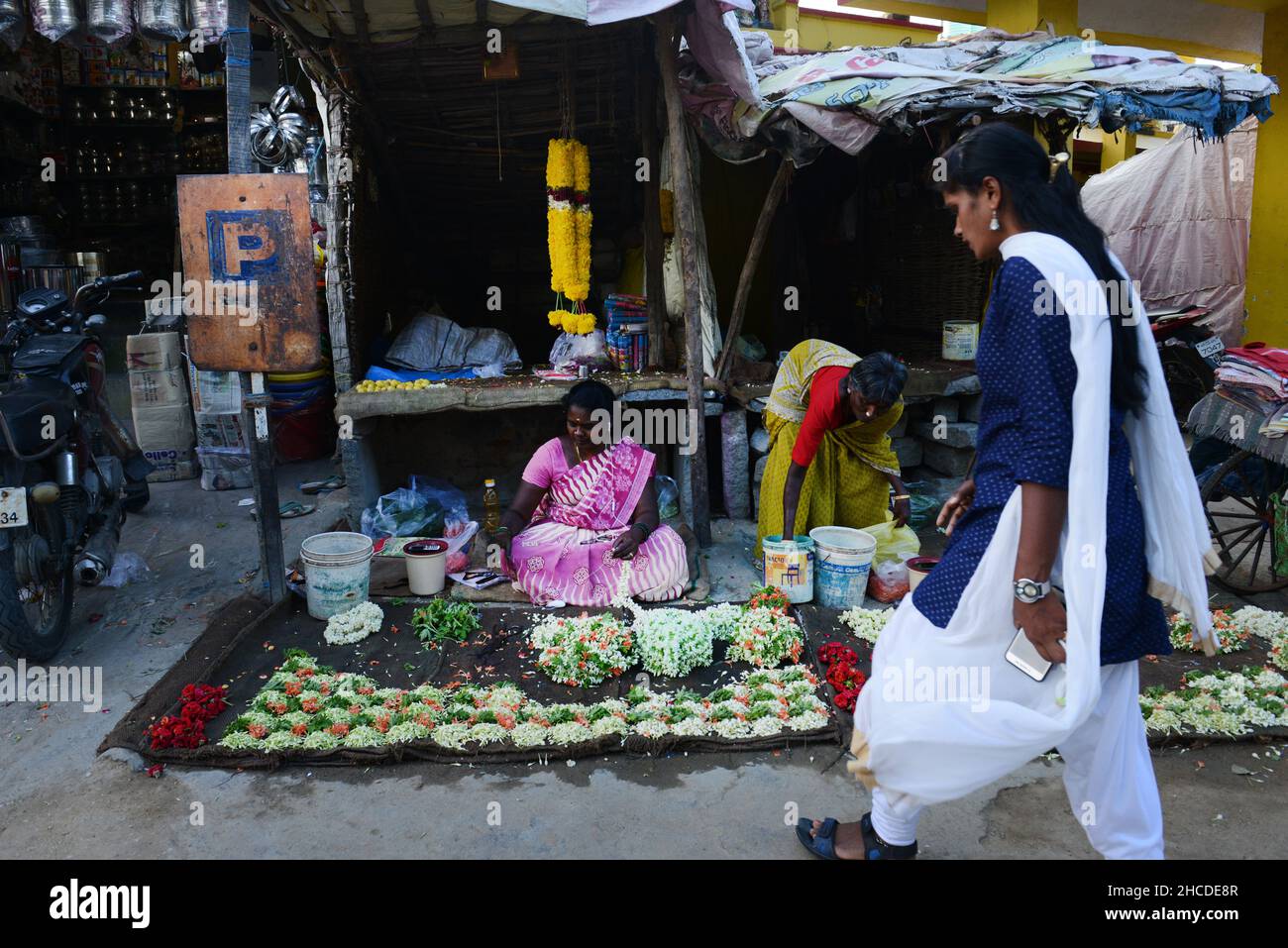 The colorful market on the main street in Kuppam, Andhra Pradesh, India ...