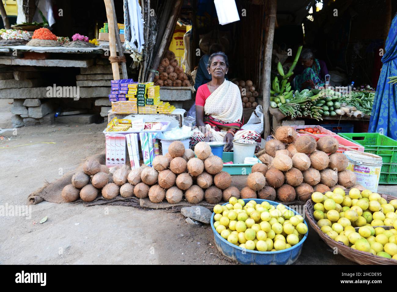 The colorful market on the main street in Kuppam, Andhra Pradesh, India ...