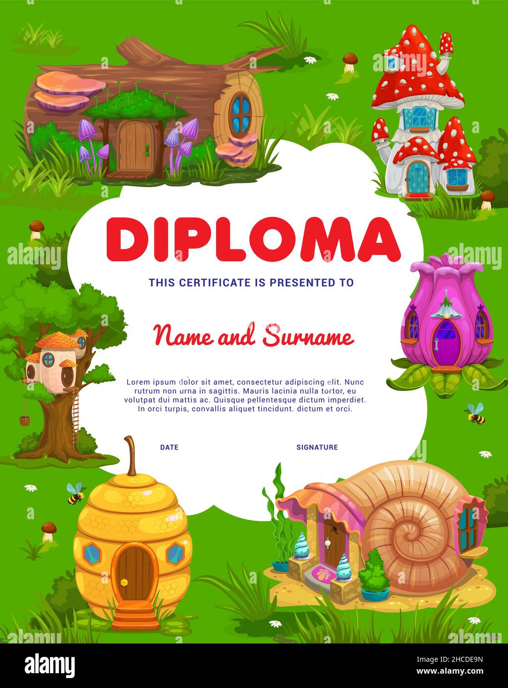 Kids diploma with cartoon fairy houses of fantastic fairytale ...