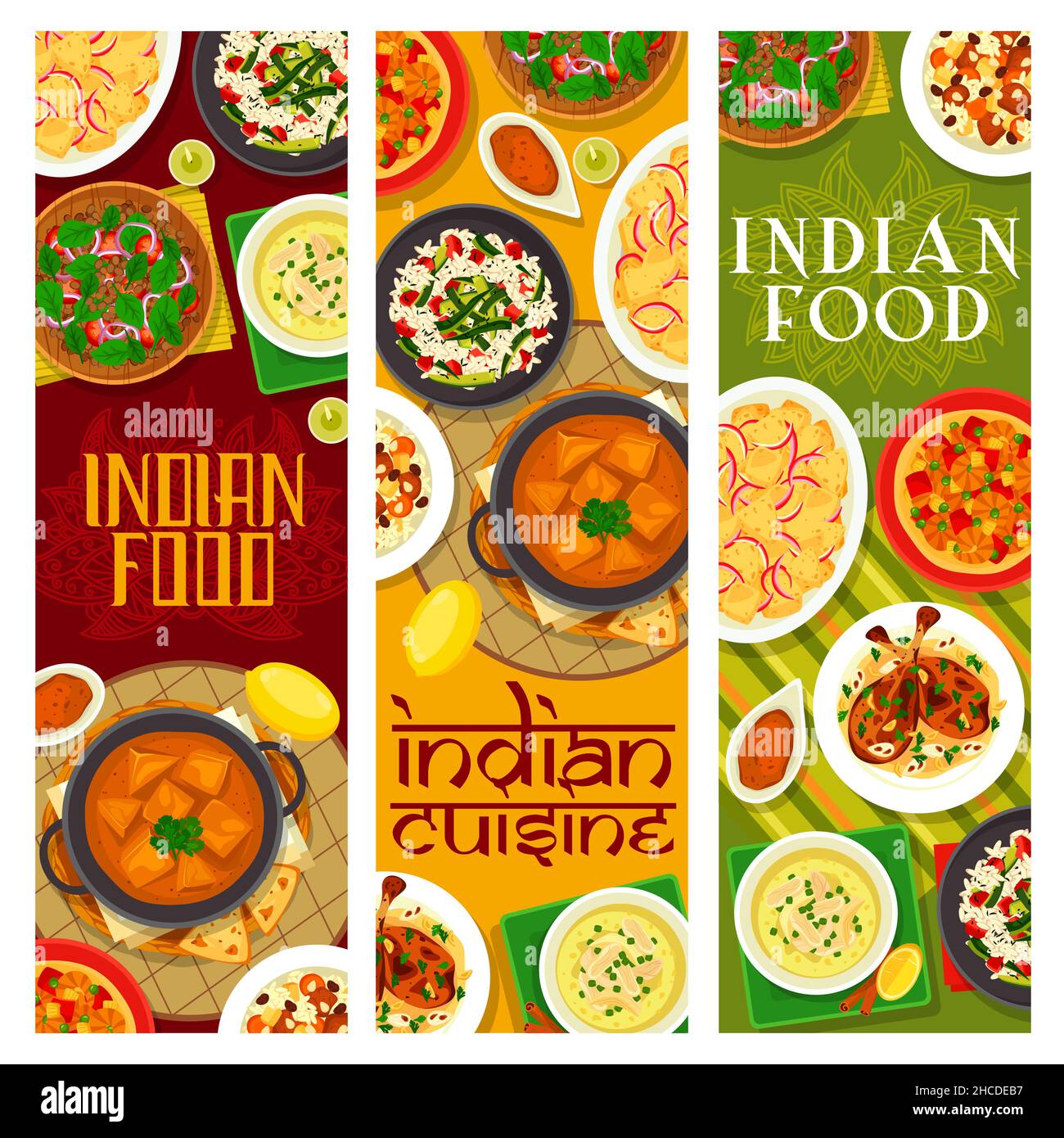 Indian cuisine vector banners vegetable lentil salad or potato onion ...
