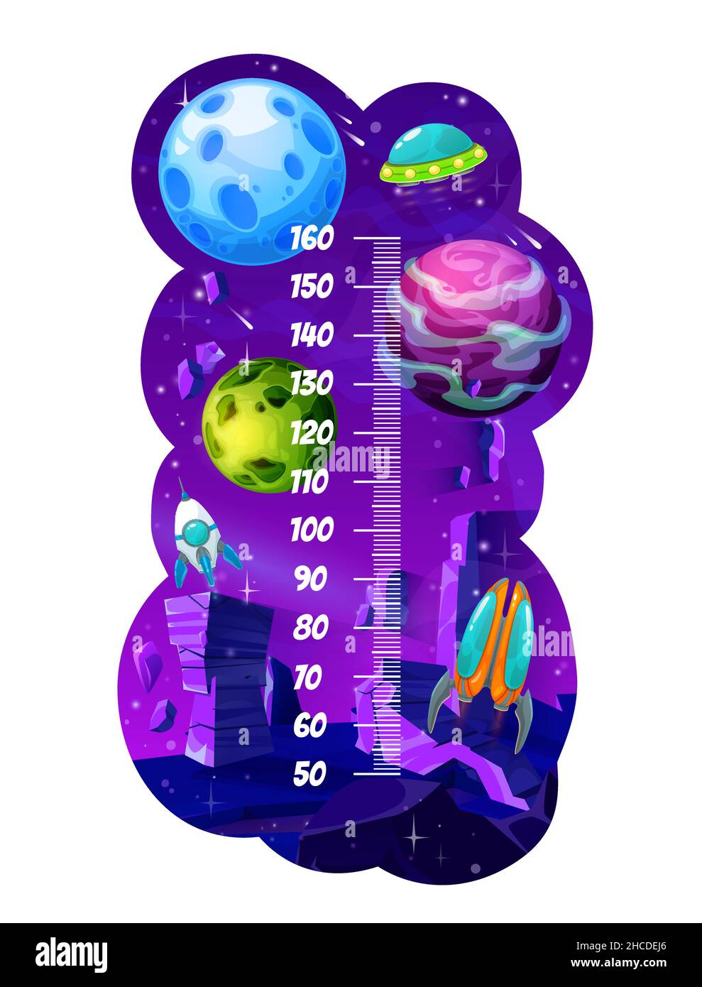Kids height chart with cartoon space planets. Growth measure meter ...
