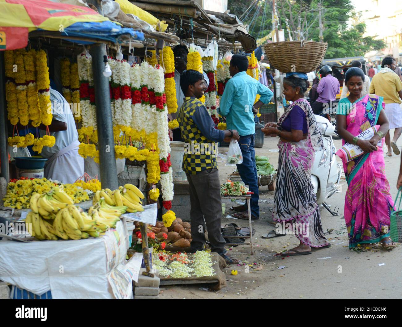 The colorful market on the main street in Kuppam, Andhra Pradesh, India ...