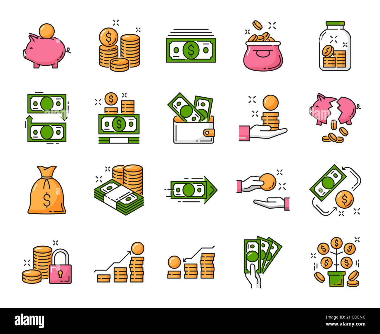 Money, finances and savings line icons. Currencies exchange, payment ...