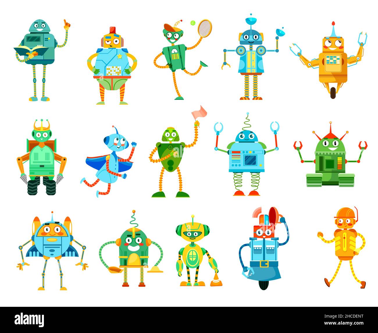 Cartoon robots and droids characters. Funny robotic teacher, builder ...