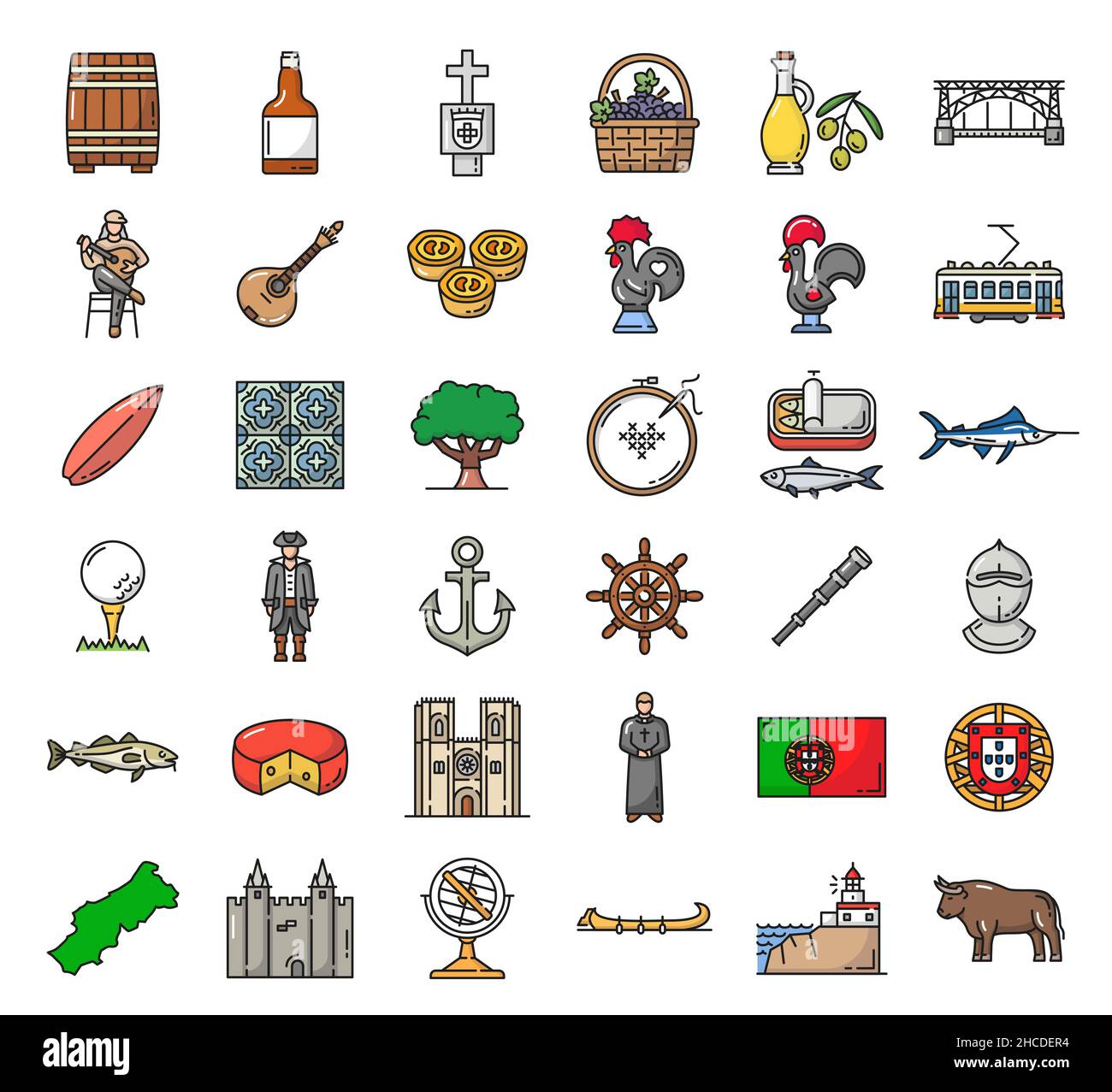 Portugal landmarks and national symbols line icons. Portuguese food ...