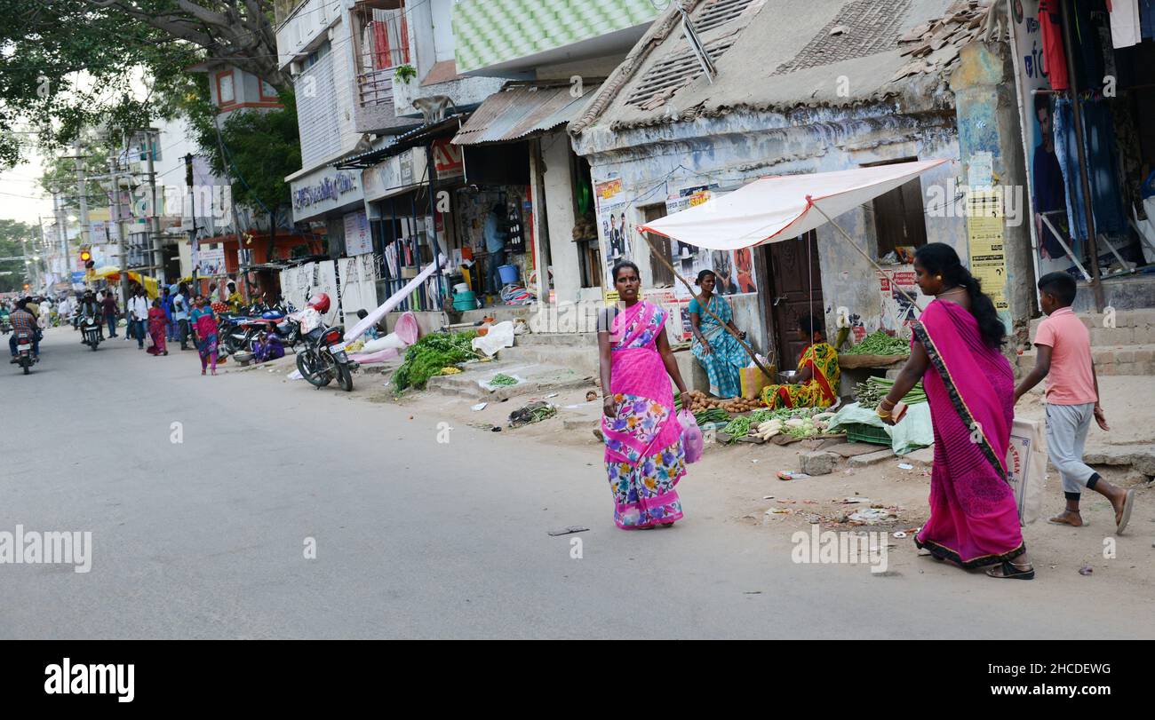 The colorful market on the main street in Kuppam, Andhra Pradesh, India ...