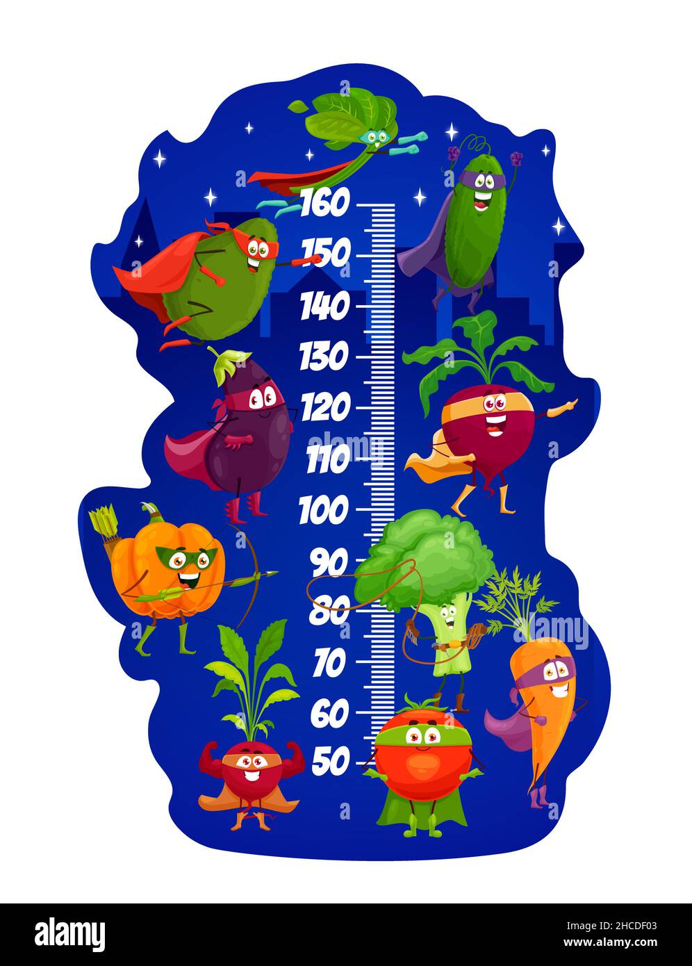Happy vegetables superhero, kids height chart or growth measure meter ...