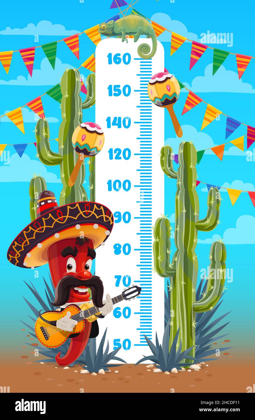 Kids height chart, mexican mariachi pepper with guitar. Growth measure ...