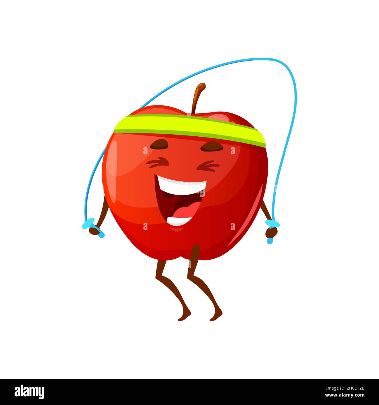 Cartoon apple jumping on rope with band on head isolated happy ...