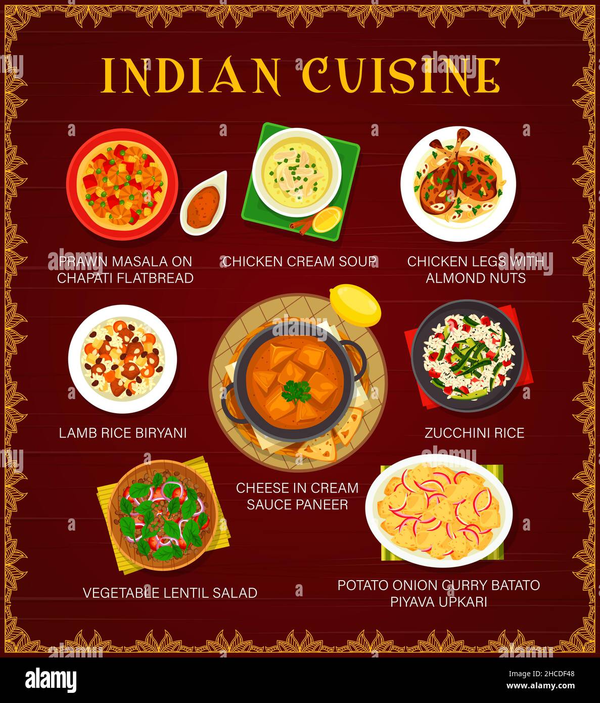 Indian cuisine vector menu prawn masala on chapati flatbread, chicken ...