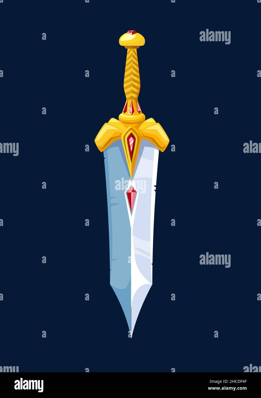 Magical cartoon steel sword blade with golden hilt, vector fairy tale ...