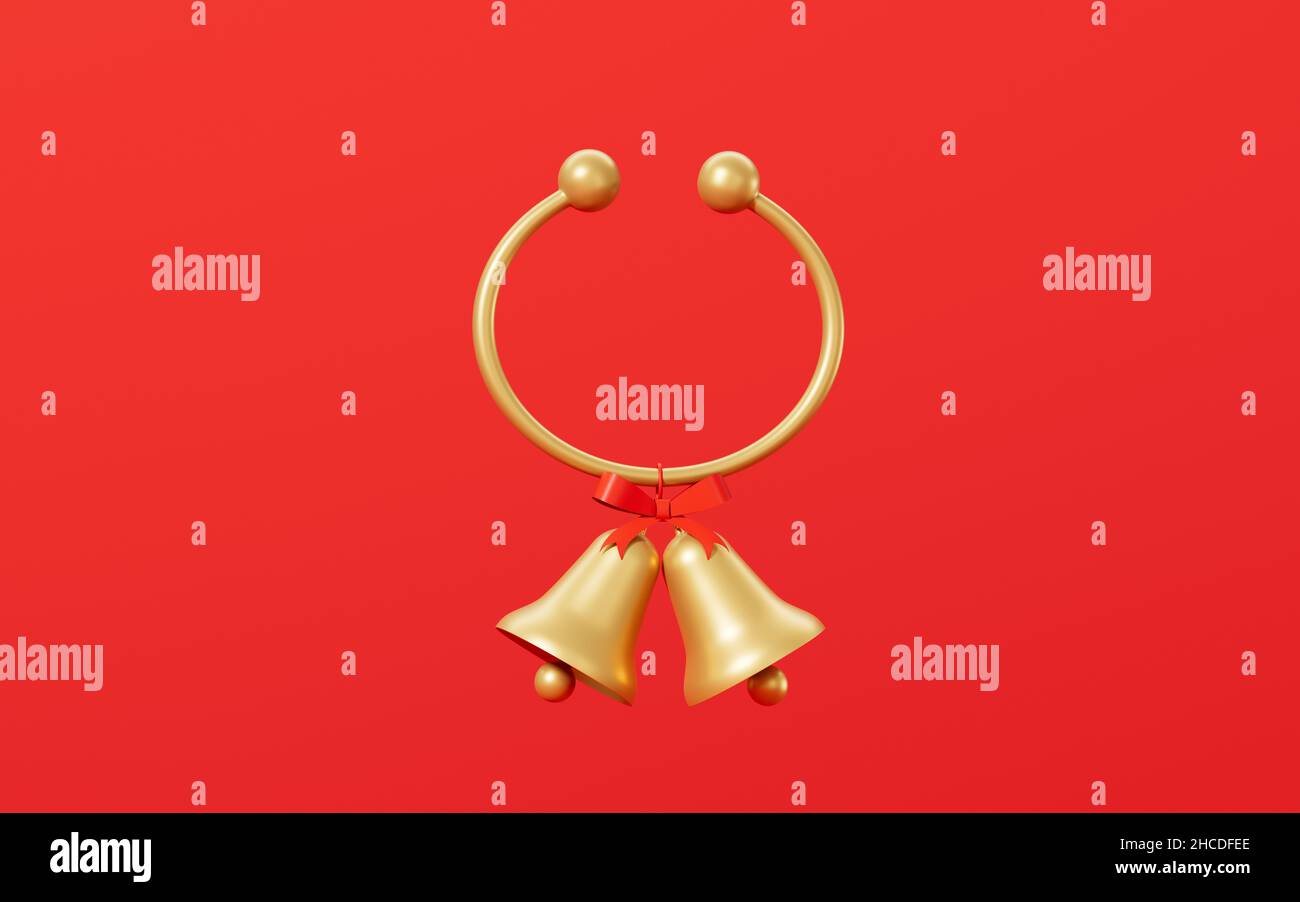 Golden ring and golden bells with red background, 3d rendering ...