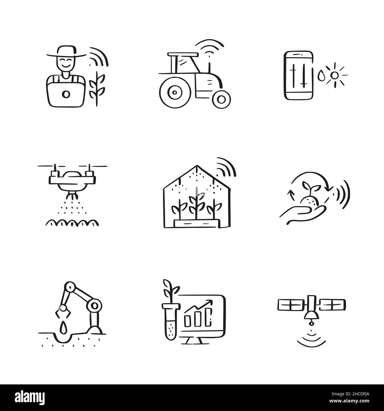 Smart farming icons set. Farmer using internet of things, drones and ...