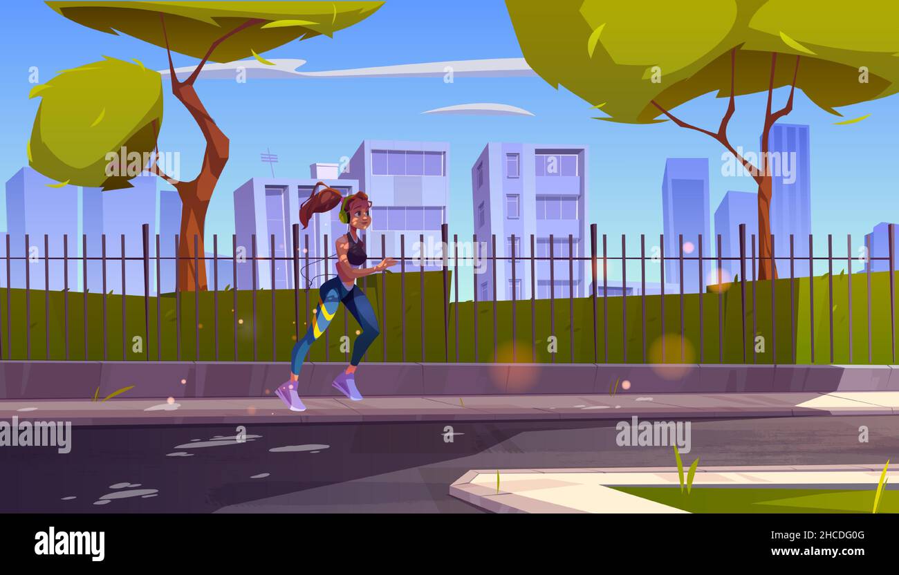 Sportswoman running in summer city park. Fit girl in headset gain ...