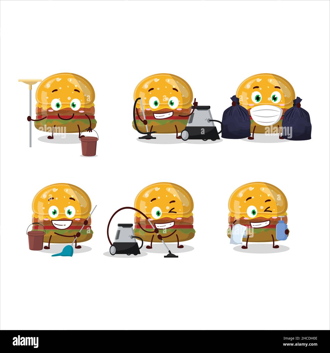 Cleaning service hamburger gummy candy cute cartoon character using mop ...