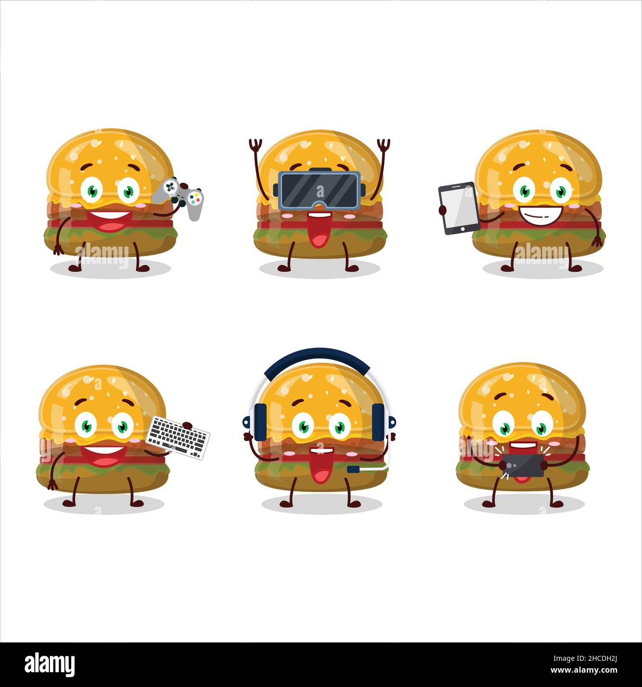 Hamburger gummy candy cartoon character are playing games with various ...
