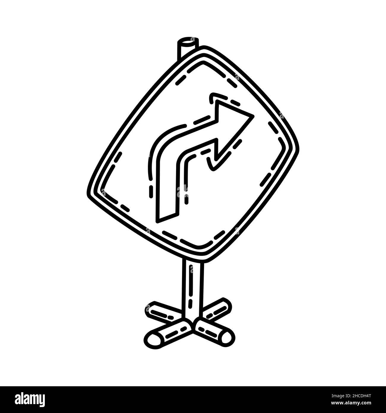 Turn Right Part of Warning Yellow Road Sign Hand Drawn Icon Set Vector ...