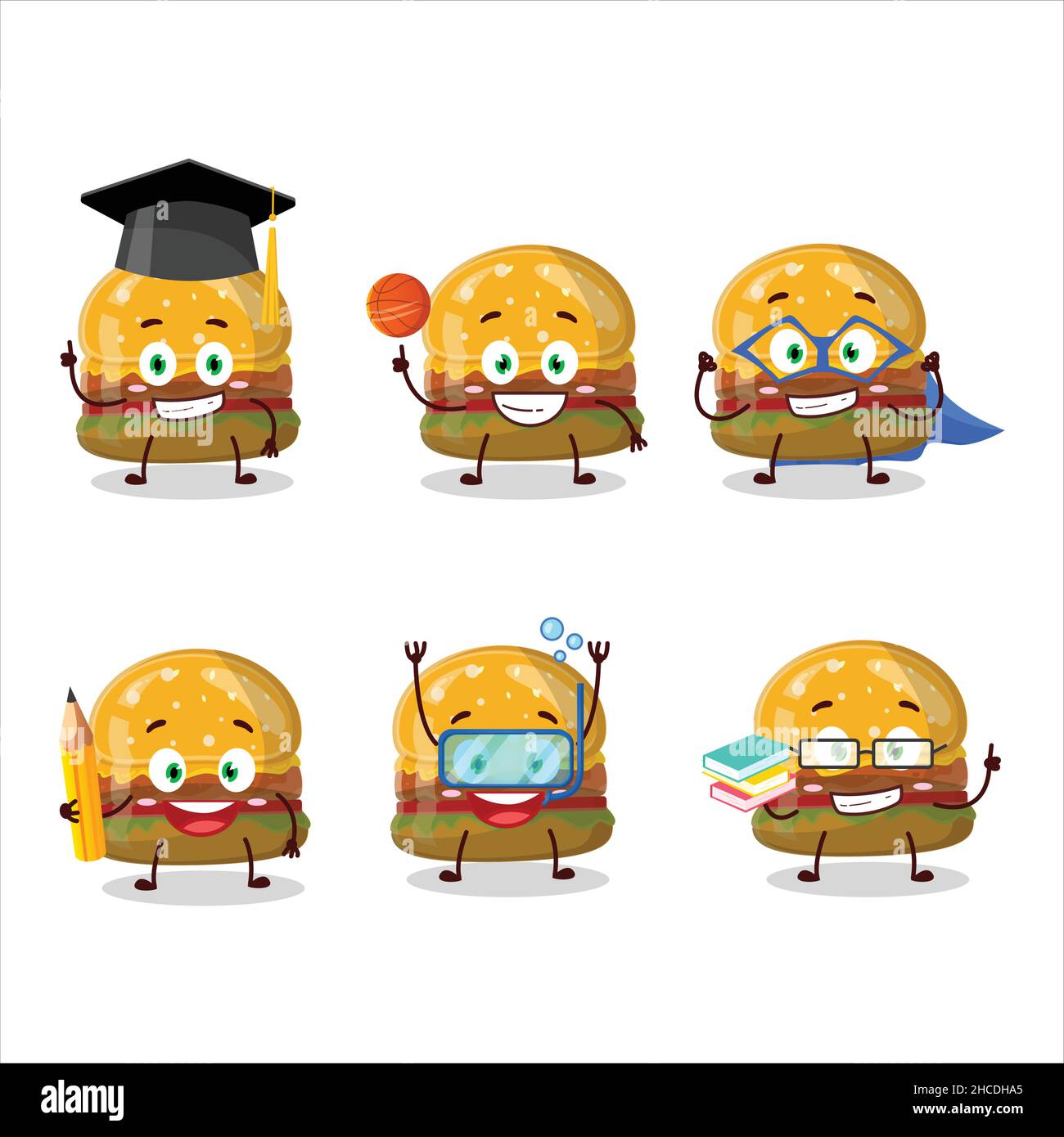 School student of hamburger gummy candy cartoon character with various ...
