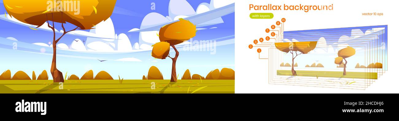 Autumn landscape with orange trees, bushes and lawn. Vector parallax ...