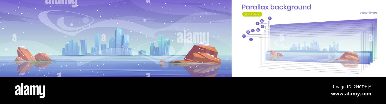 Parallax background winter city skyline at frozen waterfront bay. Urban ...