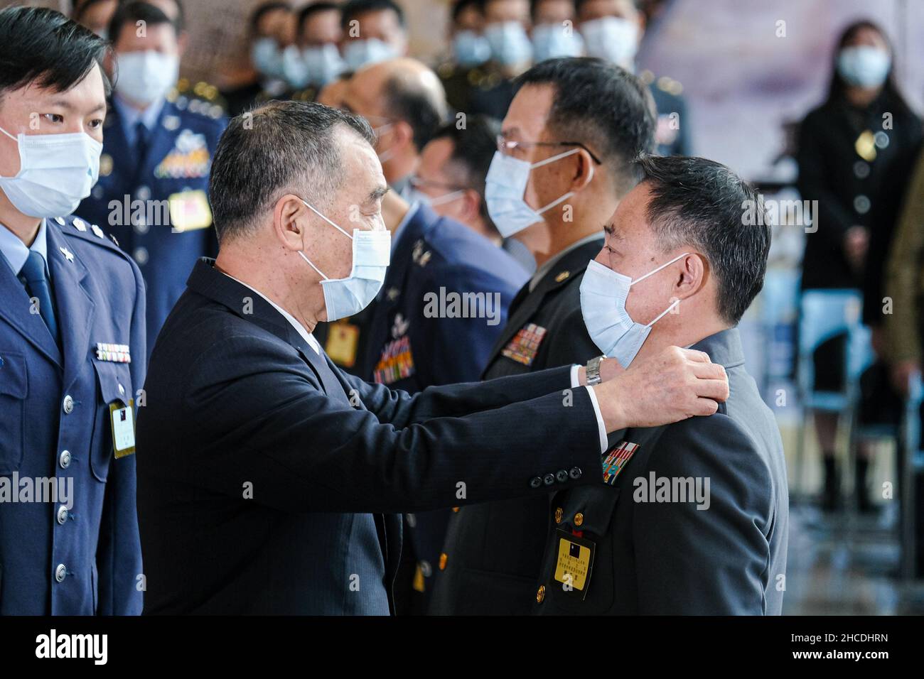 Chiu Kuo-cheng, Taiwan's Minister of defense gives the new ranks during ...