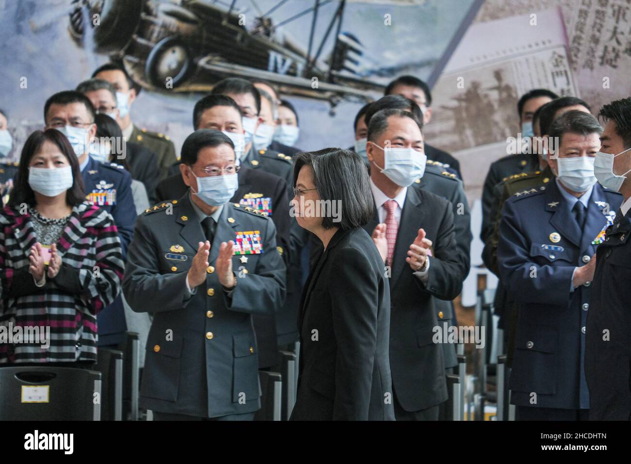 Taiwanese President Tsai Ing-wen (c) walks past Taiwanese military ...