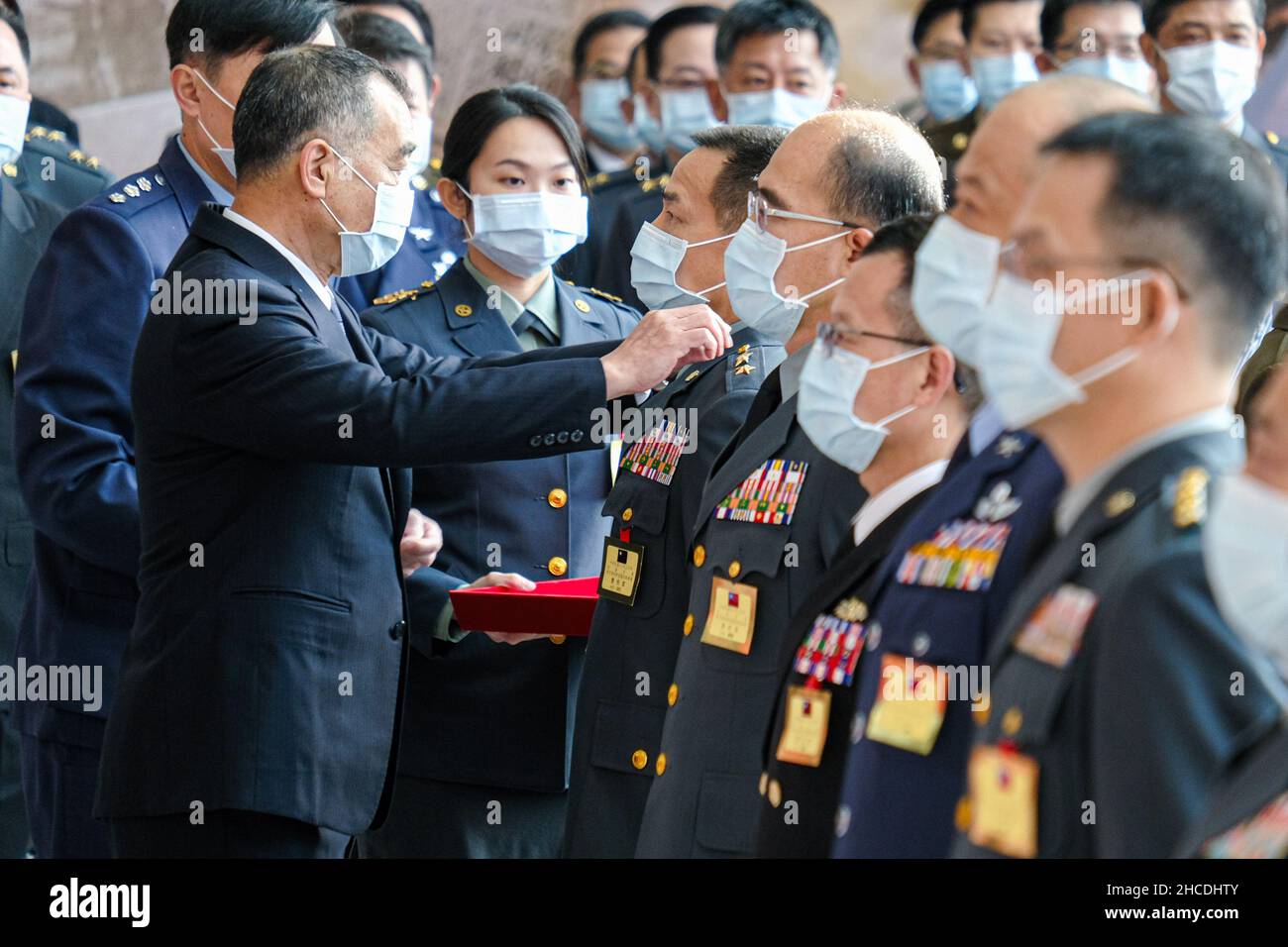 Chiu Kuo-cheng, Taiwan's Minister of defense gives the new ranks during ...