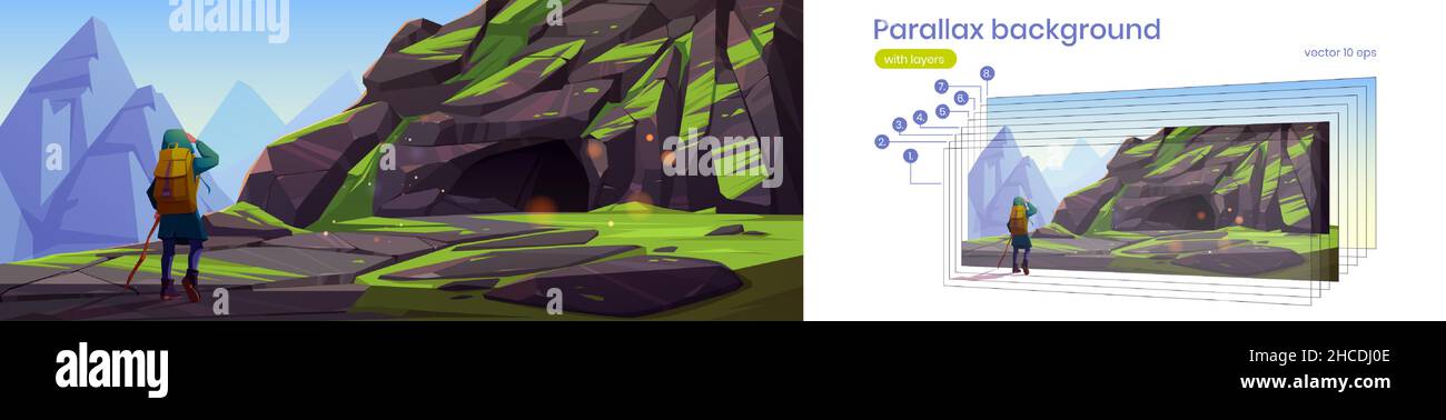 Parallax background traveler at mountains 2d landscape with separated ...