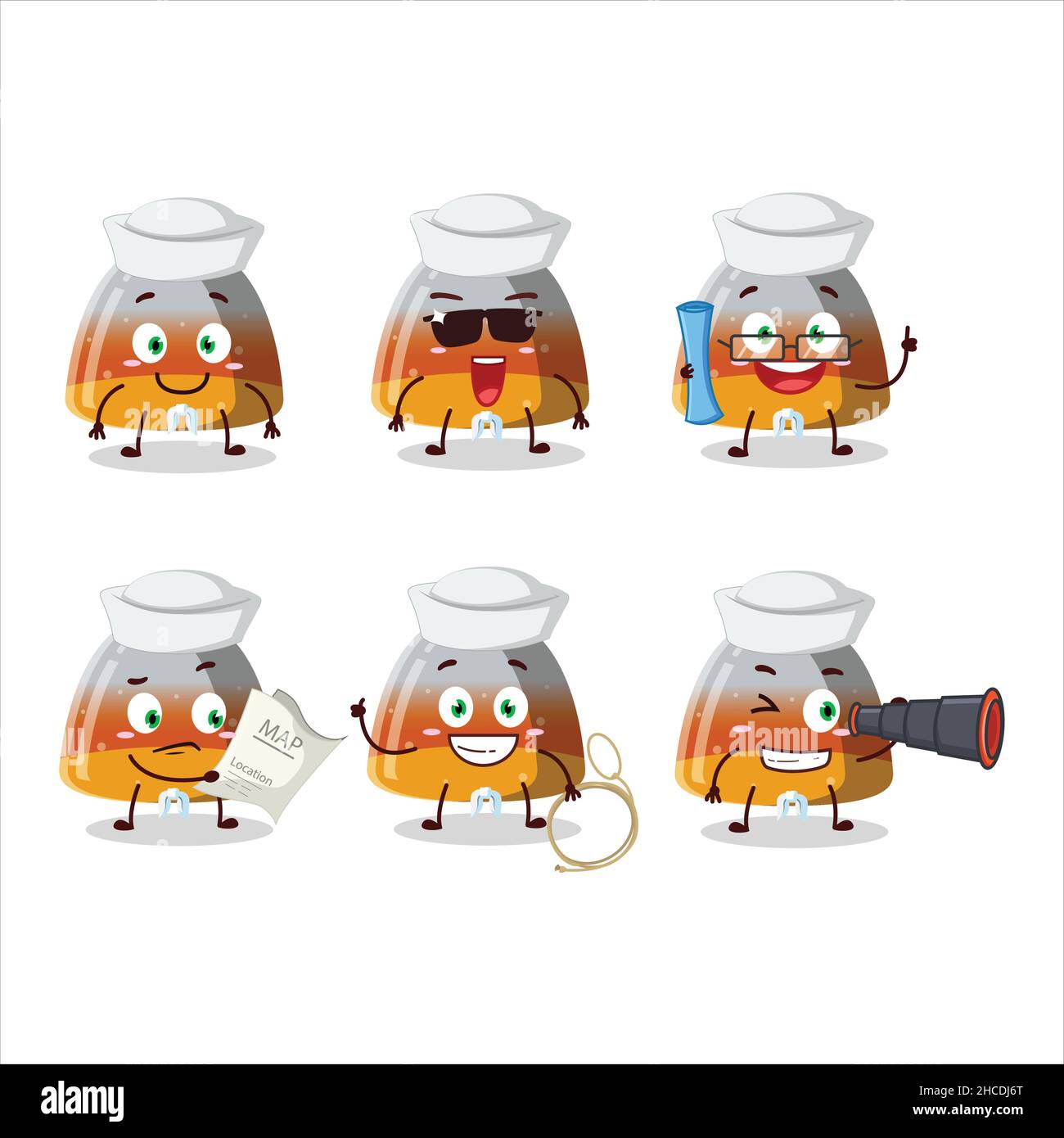 A character image design of gummy corn as a ship captain with binocular ...