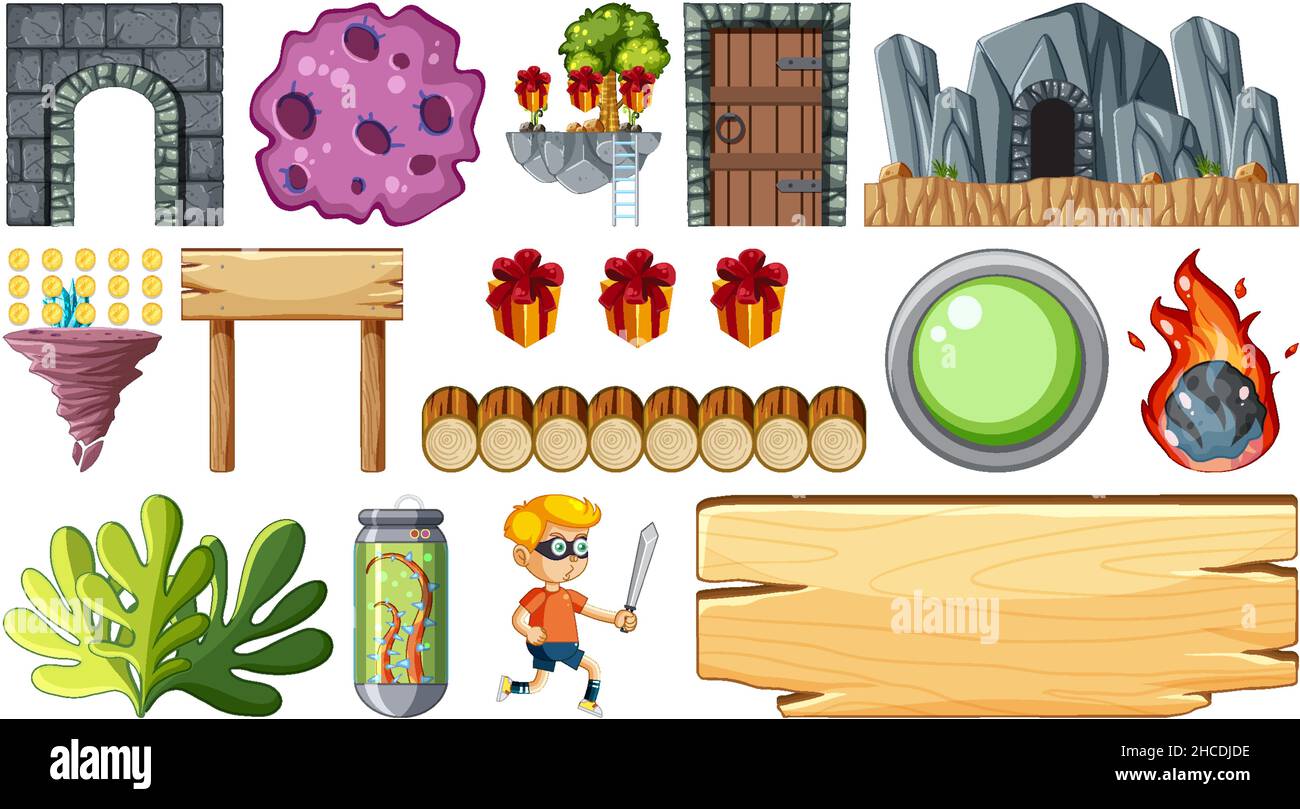 Set of isolated fantasy space game objects and elements illustration ...