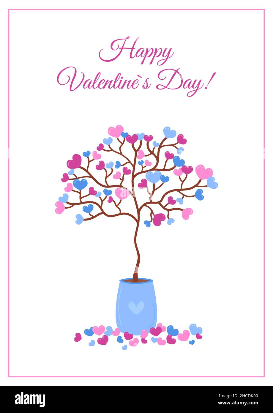 Happy Valentines Day greeting card isolated. Love tree with cute hearts on twigs in pot. Pink ...
