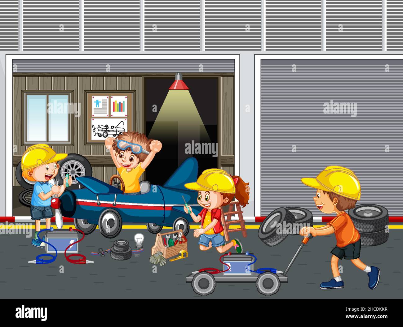 Children repairing a car together in the garage illustration Stock ...