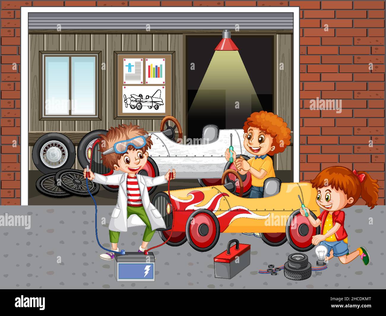 Children repairing a car together in the garage illustration Stock ...
