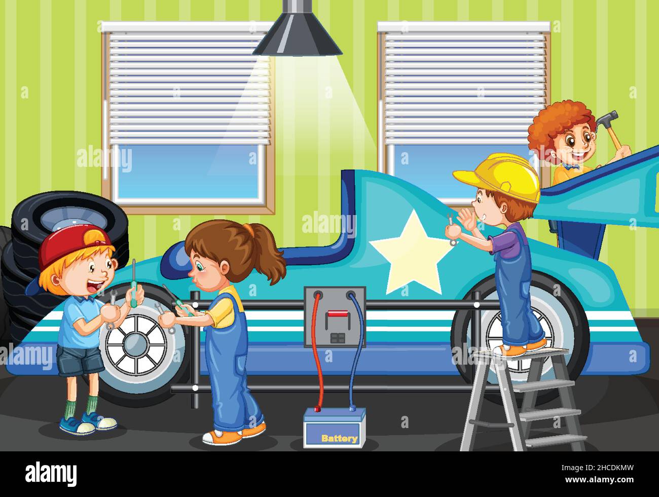 Scene with children repairing car together illustration Stock Vector ...