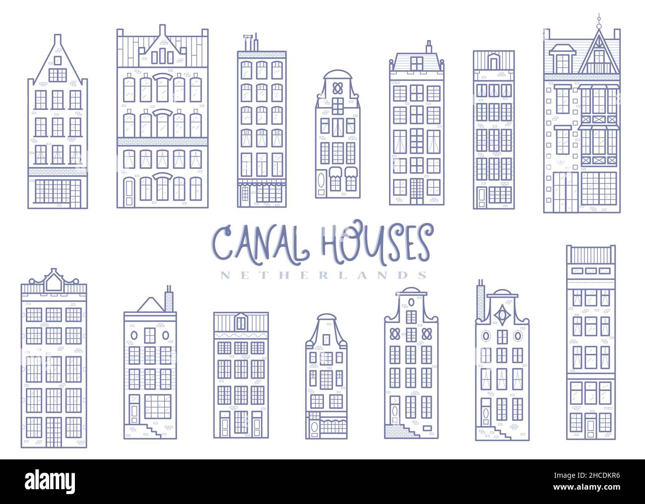 Set of old European houses. Facades of European old buildings in ...
