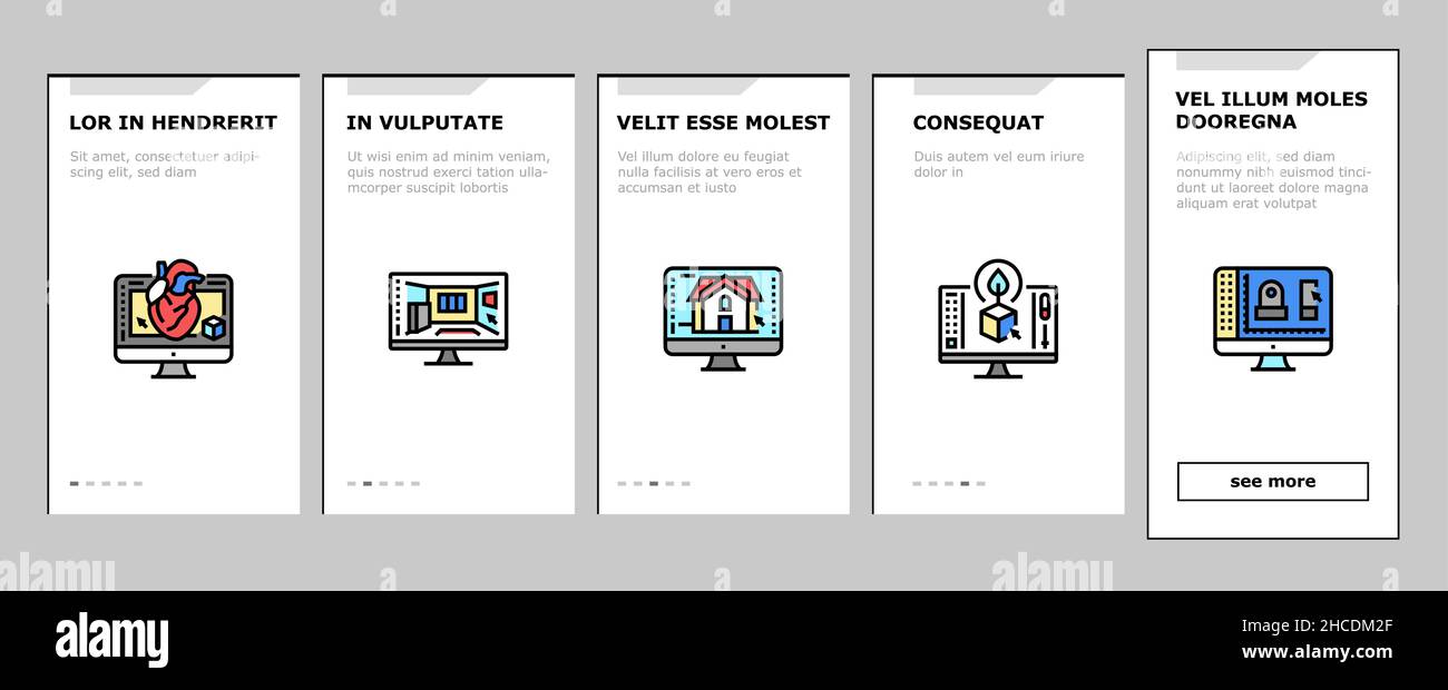 3d Modelling Software And Device Onboarding Icons Set Vector Stock ...