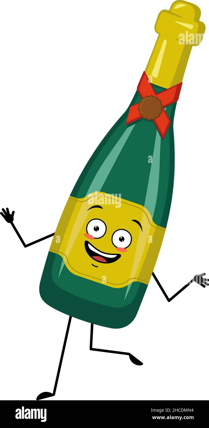Bottle of sparkling wine character with happy emotions, face, smile ...