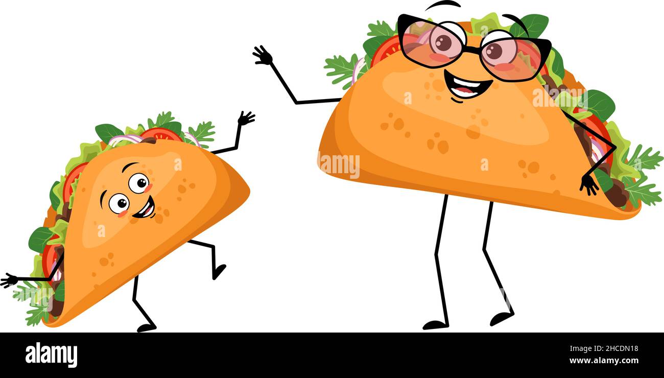 Cute character mexican taco with happy emotions, face, smile, eyes ...
