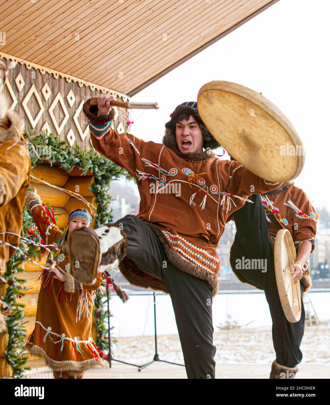Folk ensemble performance in dress of indigenous people of Kamchatka ...