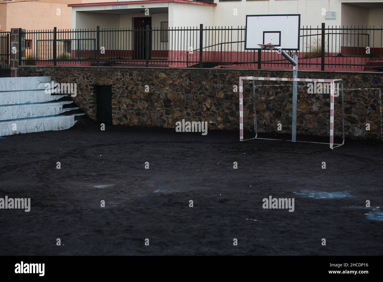 Volcanic ash on the streets in urban environment after an eruption. Ash ...