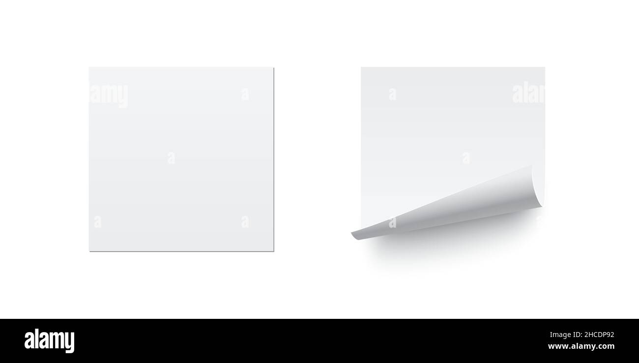 White glued square stickers curling set. 3d blank paper labels vector ...