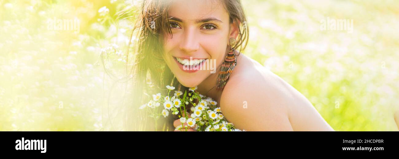 Spring woman face for banner. Portrait of a beautiful young girl in the ...