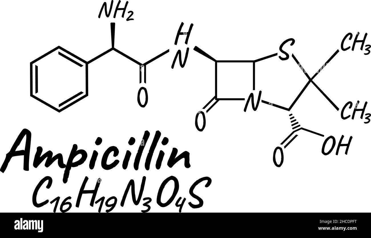 Ampicillin antibiotic chemical formula and composition, concept ...