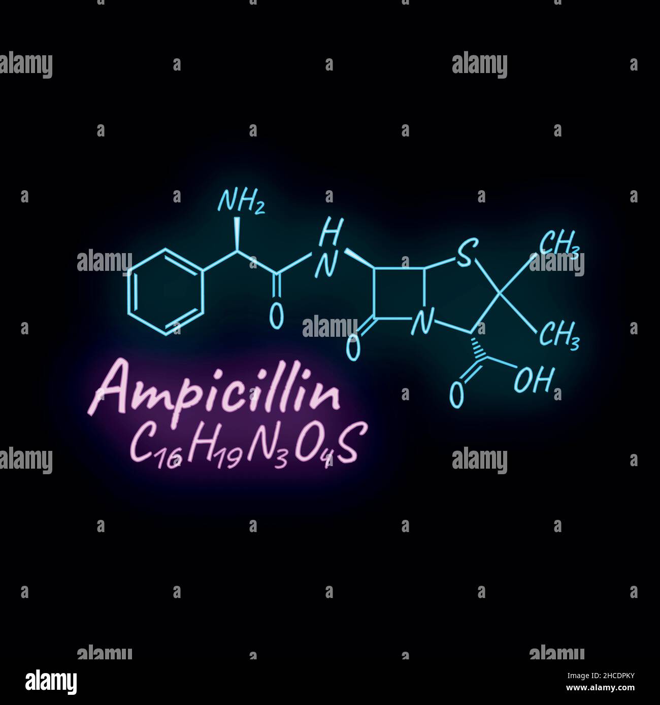 Ampicillin antibiotic chemical formula and composition, concept ...